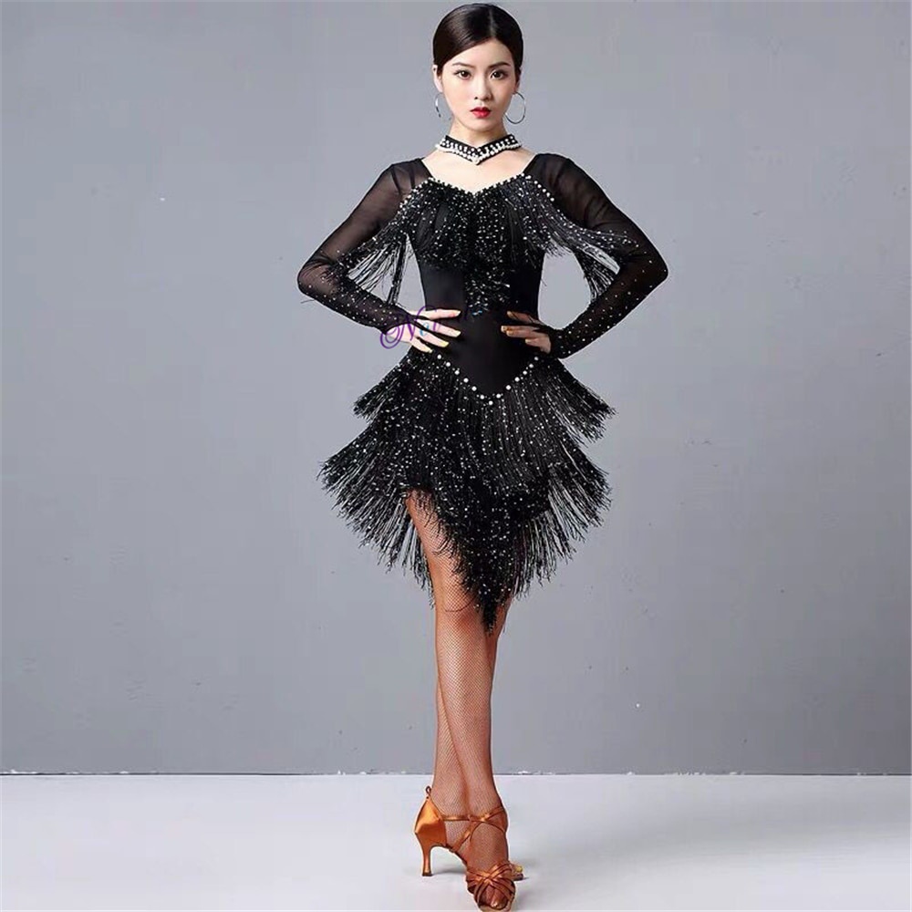 [in Stock] 2021 New Sexy Latin Dance Dress Women Mesh Sequin Fringe