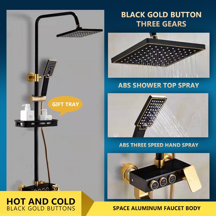 3 in 1 Push-button bathroom shower set button switch black and gold ABS ...