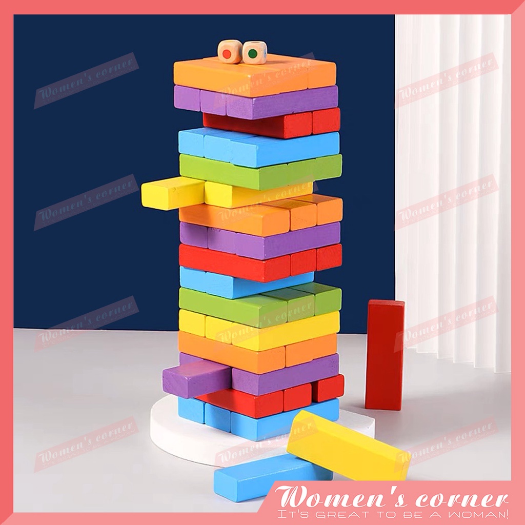 54PCS/Set Wooden Tower Building Blocks Toy Rainbow Domino Stacker Board ...