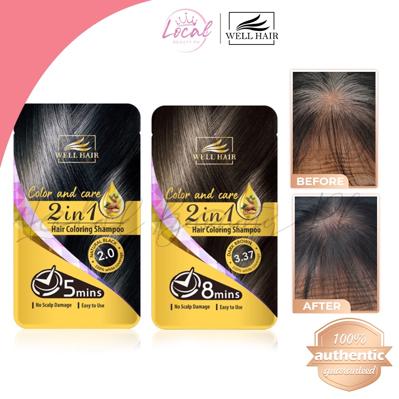 Well Hair Color Shampoo Covering White hair 30 ml Black and Brown easy ...