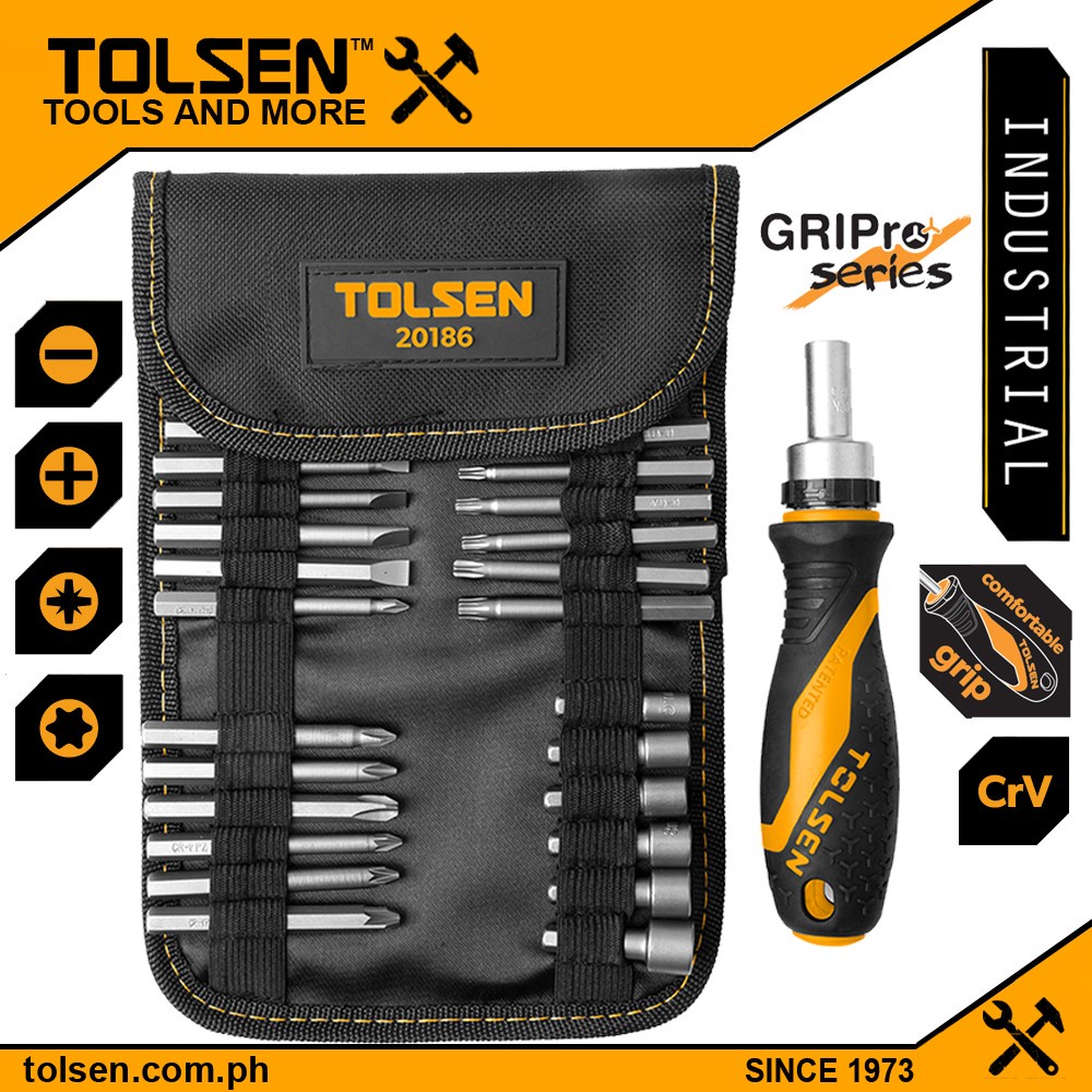 Tolsen 26pcs Bit Set w/ 1 Ratchet Handle (Philips, Pozi, Flat, Torx ...
