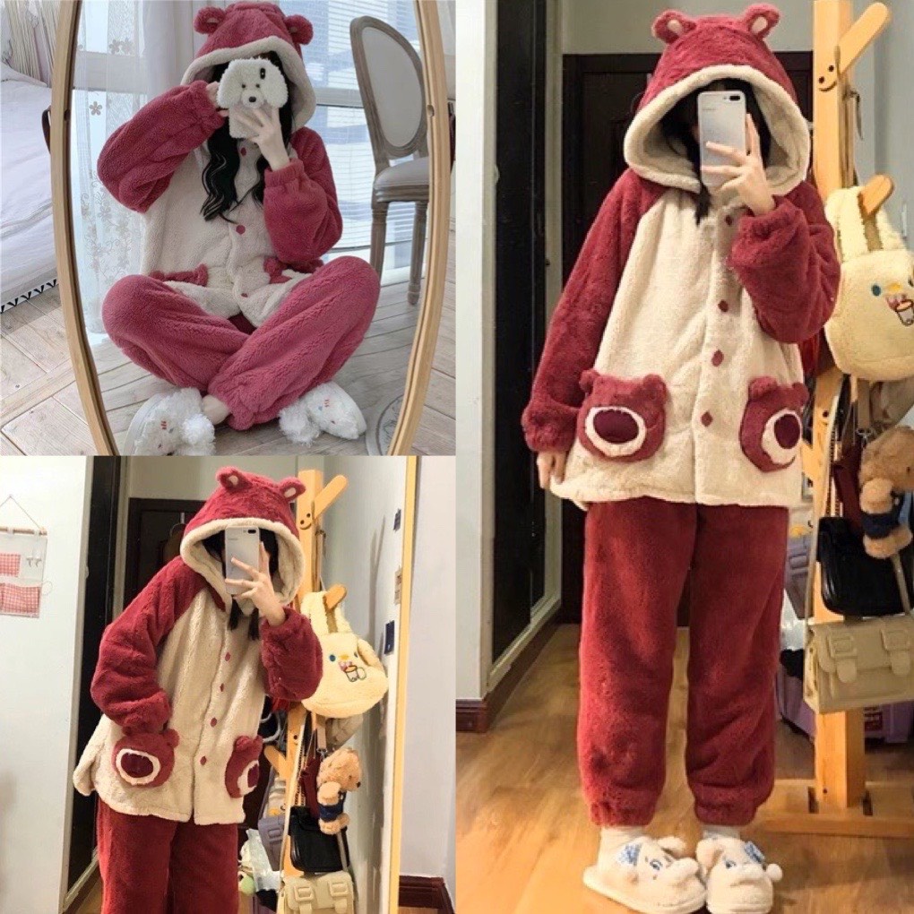 Cute Strawberry Bear Fur Pajamas Set with loose form and hood - Fleece ...