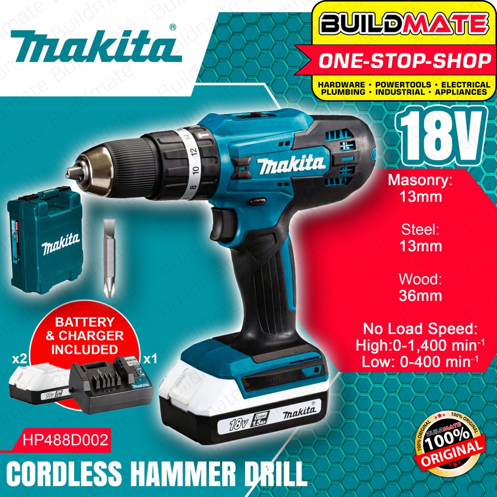 MAKITA Li-Ion Cordless Hammer Drill 13mm 1/2" 18V G-Battery Hammer Driver HP488D002 •BUILDMATE ...