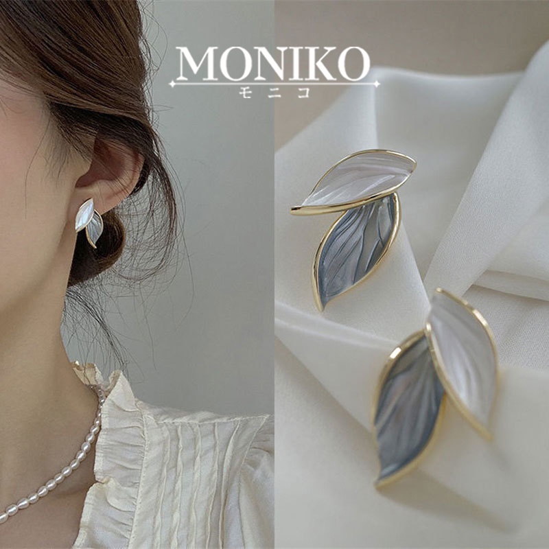 MONIKO Original Design 18k Gold Two Leaves Blue Stud Earrings Women ...