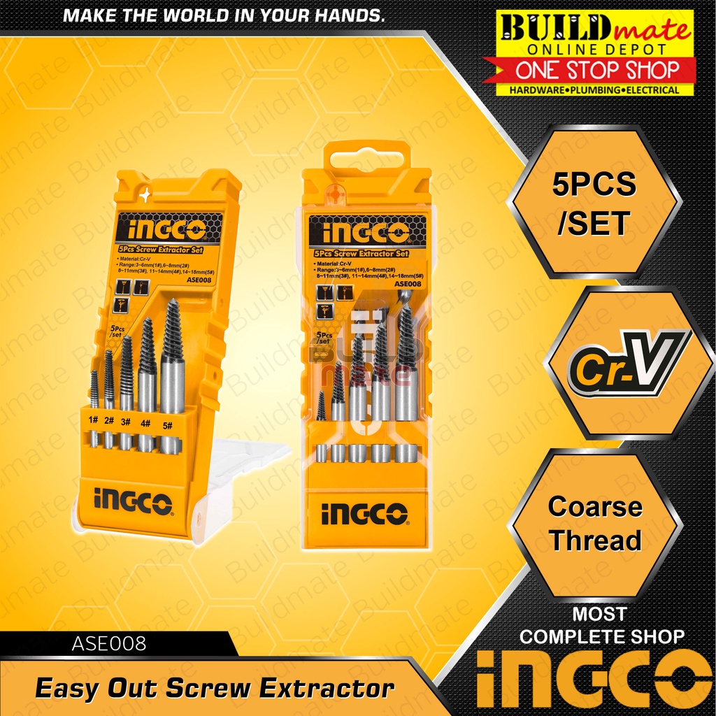 BUILDMATE Ingco Easy Out Screw Extractor SET 5PC Cr-V Coarse Thread ...