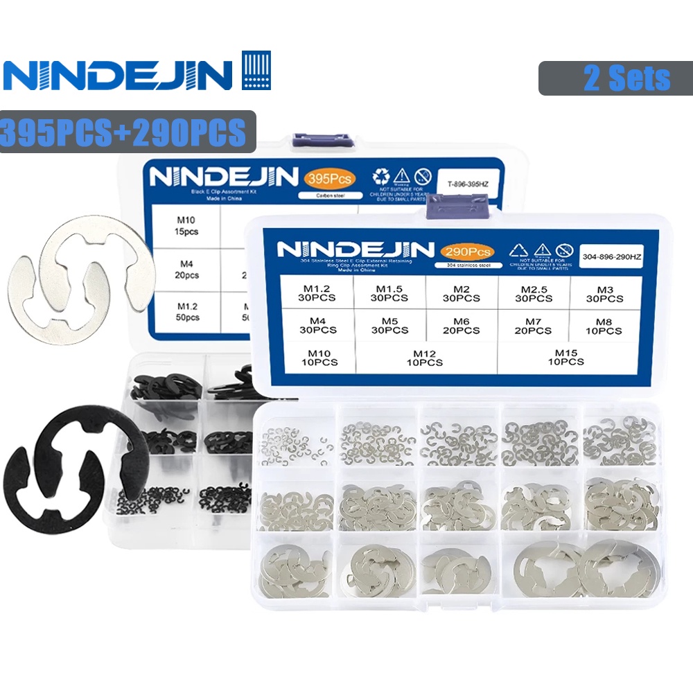 NINDEJIN 395pcs Black E Clip Set M1.2-M15 Carbon Steel 290pcs E-clip ...