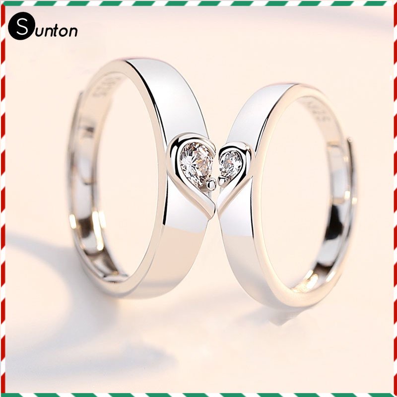 2 Pcs 925 Silver Couple Ring Crystal Diamond Couple Wedding Adjustable ...