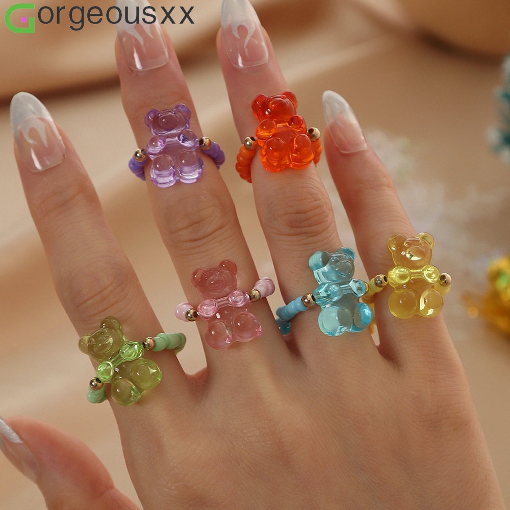 6pcs/set Ladies Cute And Romantic Bear Rings For Women Innovative Jelly Color Resin Adjustable ...