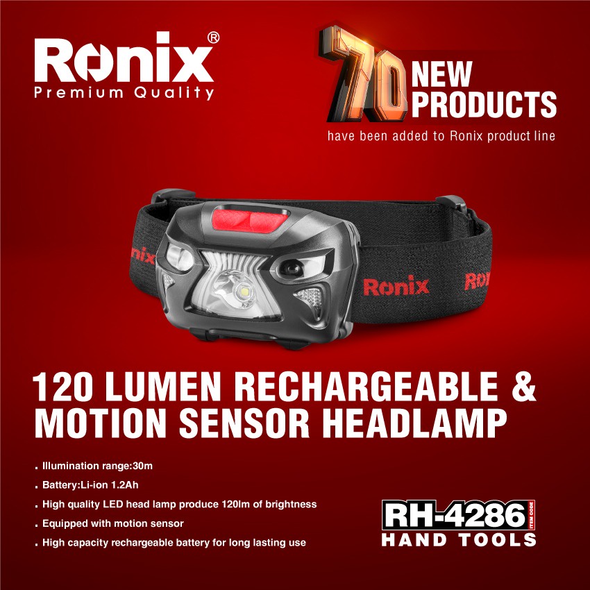 Ronix RH-4286 Rechargeable Head light Power: 3W Flux: Max 120 lumen ...