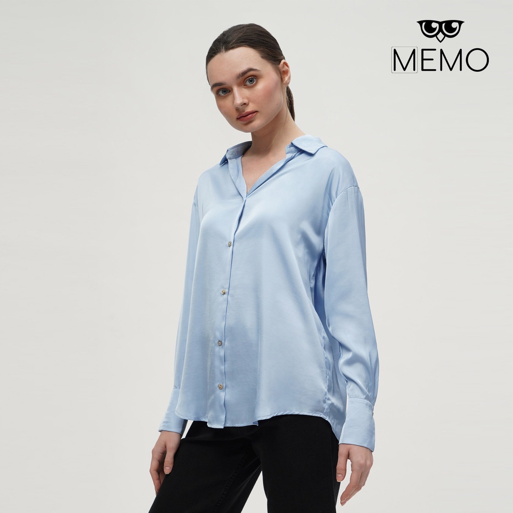 Memo Button Up Shirt For Women (Pale Blue) | Shopee Philippines