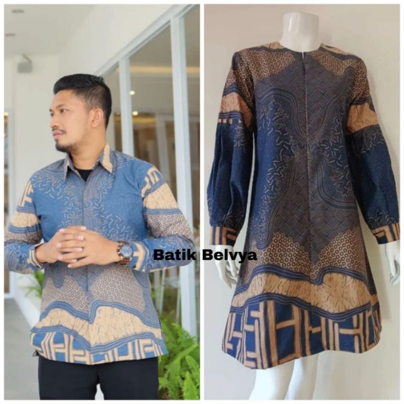 KEMEJA CAHAYA Blue wave motif batik couple Set / sragen batik / solo batik / batik dress / batik ...