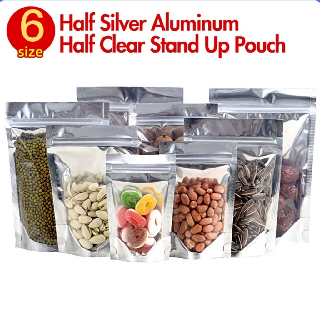 100pc Half Silver Clear Stand Up Pouch Zip Lock Plastic Packaging ...