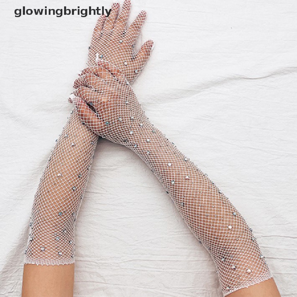 Black White Red Long Mesh Gloves With Rhinestones Hollow Fishing Net Women's Gloves Finger Fancy ...