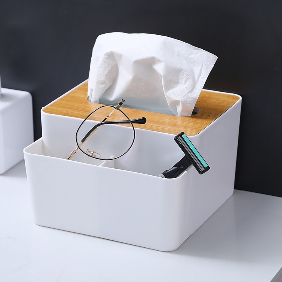 Square Tissue Box with 3 Tidy Wooden Multi-Purpose Storage, Luxurious ...