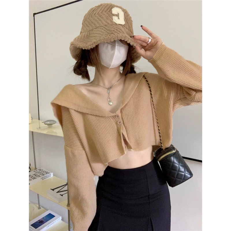 Sailor Collar Long Sleeve Knit Top Women Fall Girls Cropped Sweater