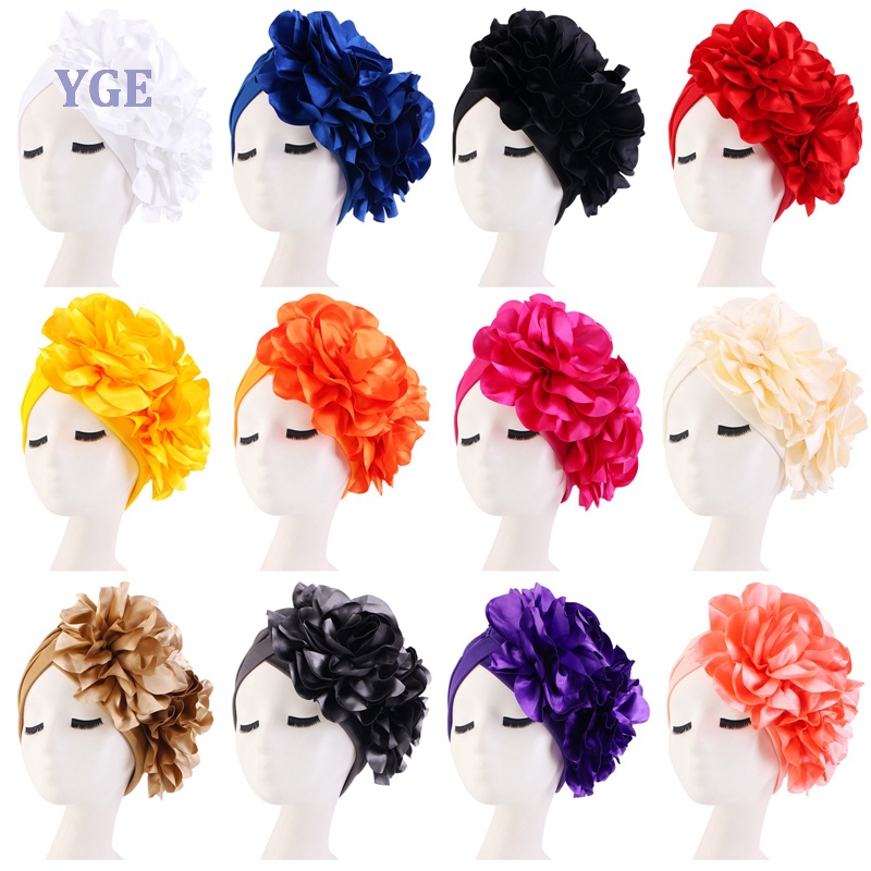 Yonger Women Flower Turban Cap Solid Color Muslim Head Scarf Bonnet ...
