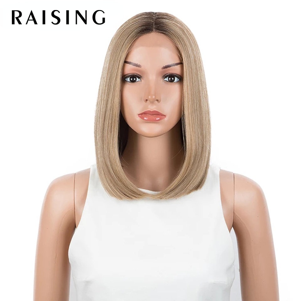 Raising Synthetic Lace Wig Straight Short Bob Ombre Blonde Blue Middle Part For Black Women ...