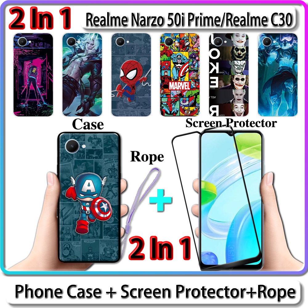 2 IN 1 Case Realme Narzo 50i Prime C30 Case with Tempered Glass Curved ...