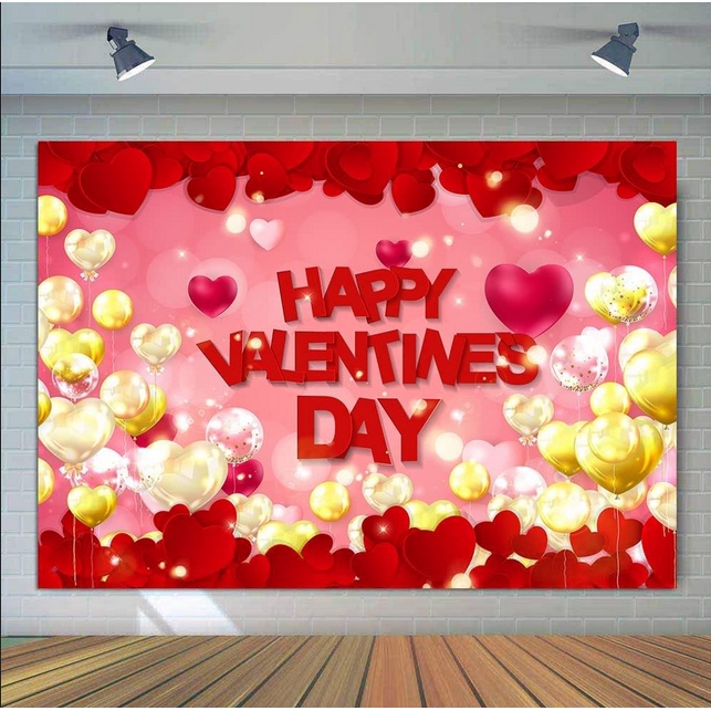Happy Valentine's Day Theme Party Backdrop, Heart Balloons Petals Pink ...