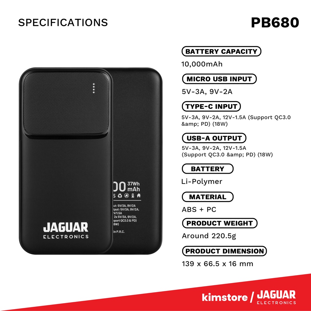 Jaguar Electronics PB680 V2 10000mAh Power Bank 18W PD/QC 3.0 Fast Charging Type-C | Shopee ...