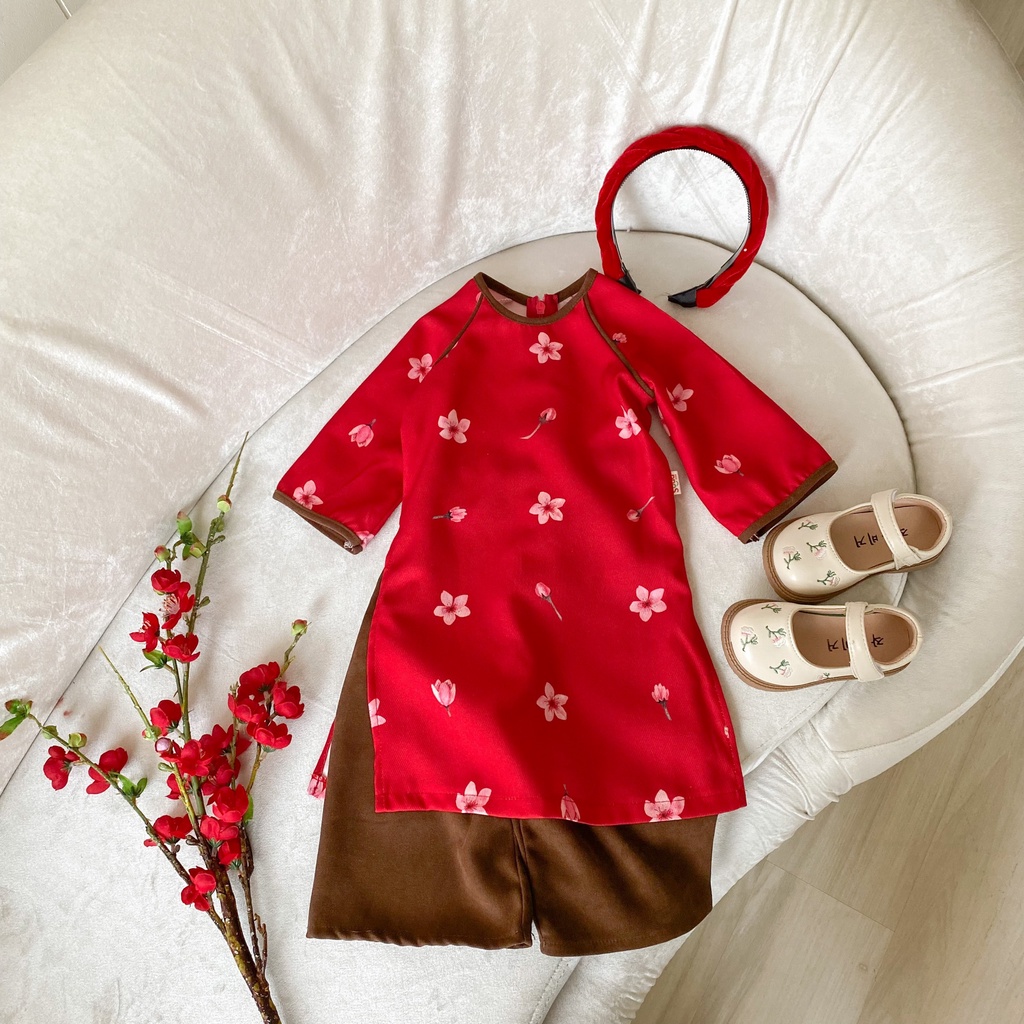 Ao Dai with Cherry Blossom Pattern in Soft Velvet for Baby Girls ...