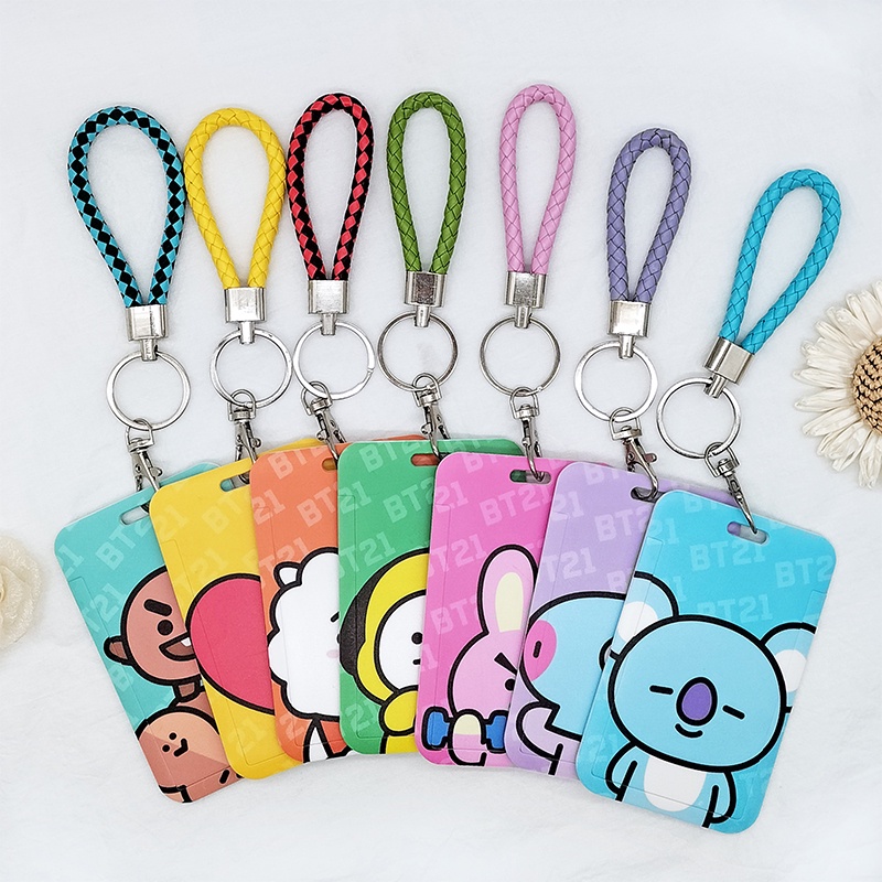 BTS BT21 Card Holder + PU Leather Keychain For ID Badge Card Protector ...