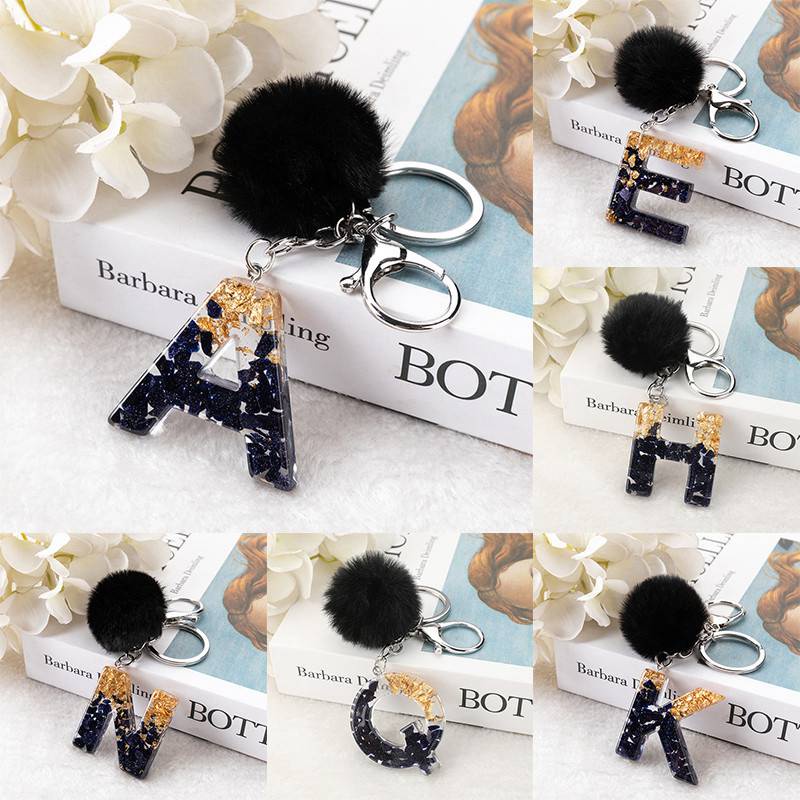 1PC Keyring Black Color English Letter Resin Keychain with Puffer Ball ...