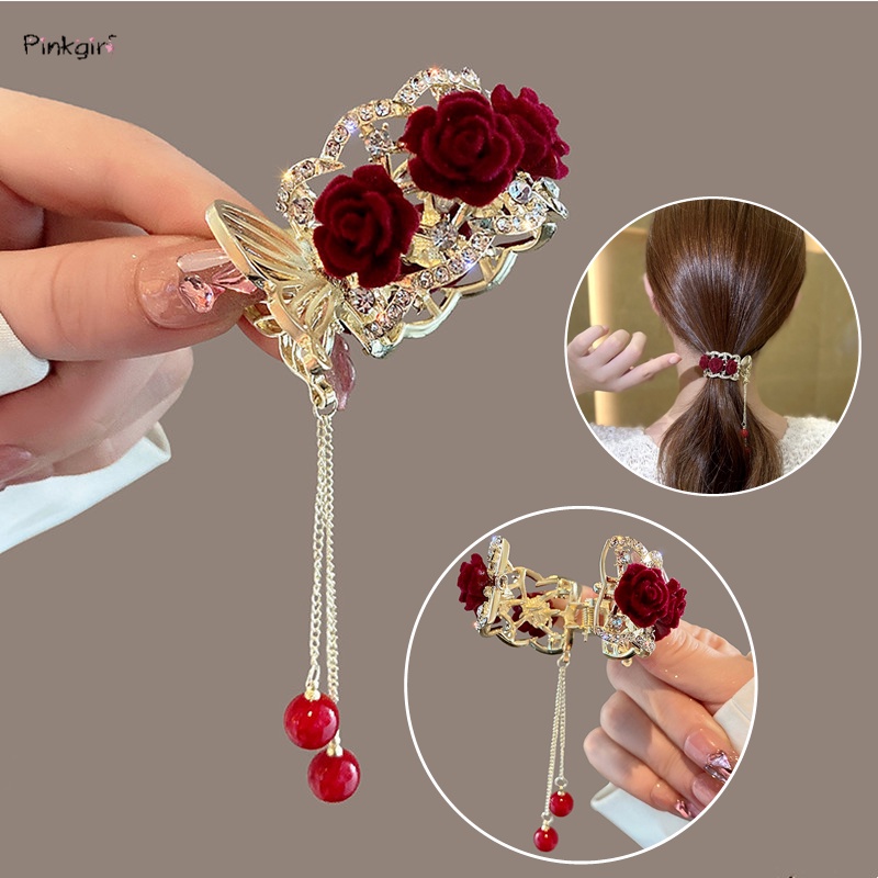 Retro Flocking Rose Hair Clips French Gentle Temperament High Horsetail ...