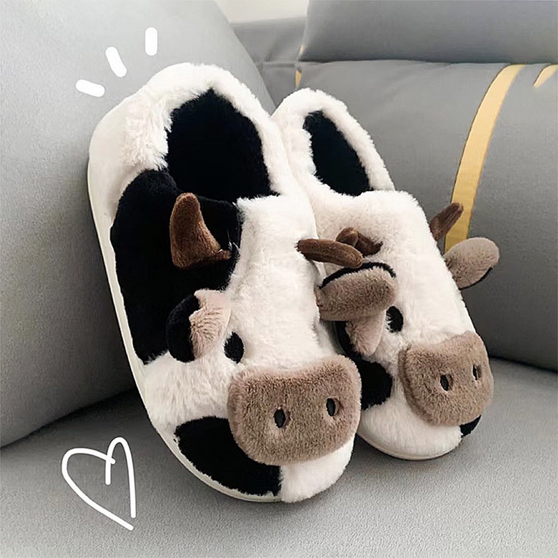 Animal Slipper for Women Girls Kawaii Fluffy Winter Warm Slippers Woman Cartoon Milk Cow House ...