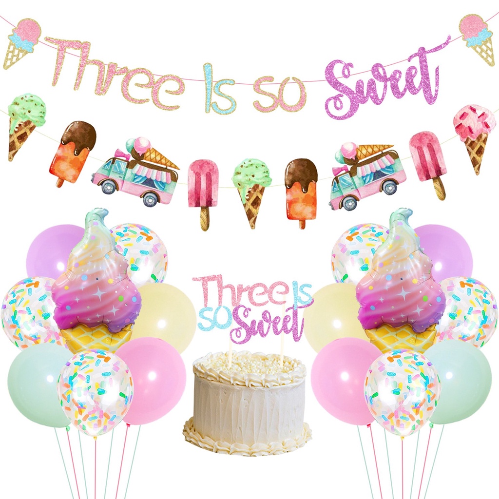 CHEEREVEAL Three is So Sweet Ice Cream Birthday Party Decorations, Ice ...