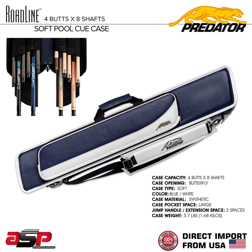 Predator Roadline Blue/White Soft Pool Cue Case - 4 Butts x 8 Shafts ...