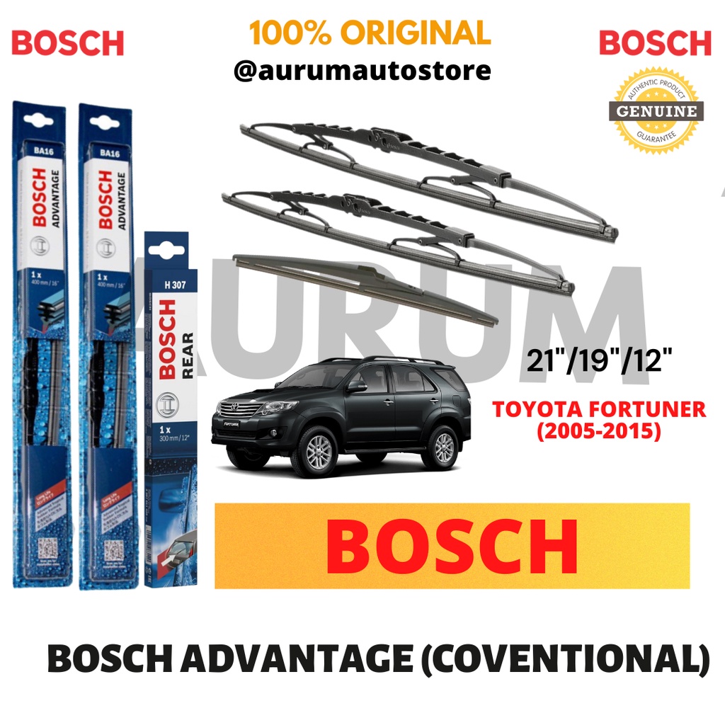 Bosch Advantage Wiper Blade set (Conventional) for Toyota Fortuner 2005-2015 Front and Rear 3pcs ...