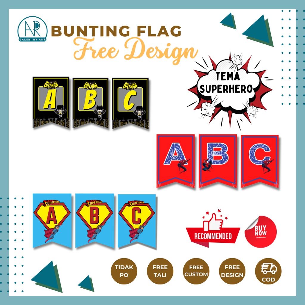 GANTUNGAN Custom Bunting flags | Happy Birthday flag superhero theme ...