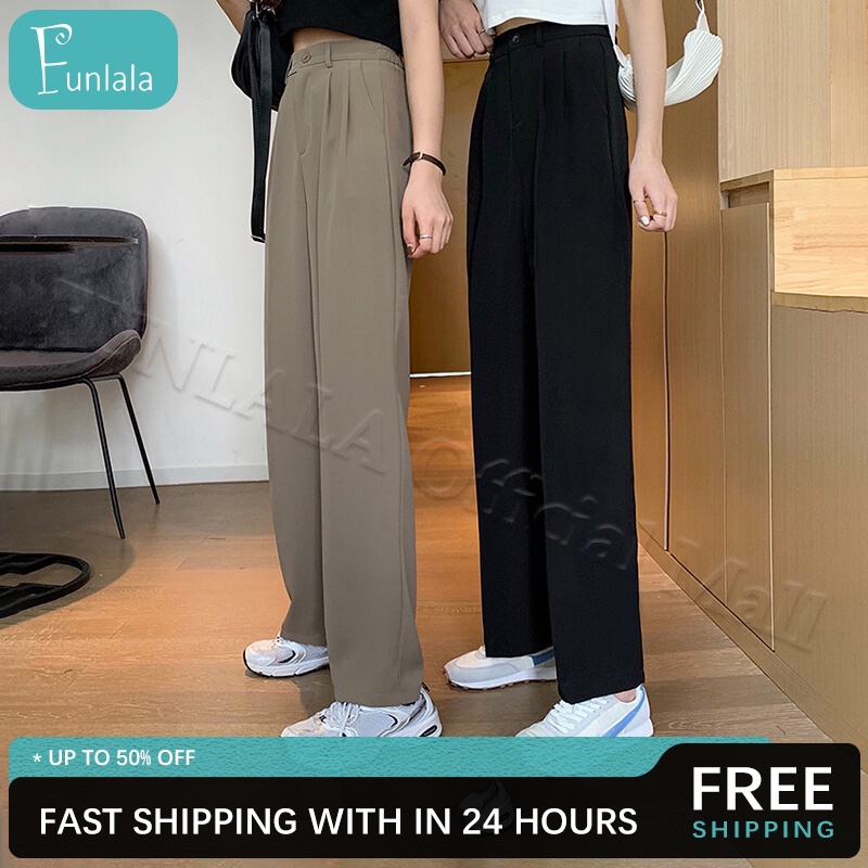 FUNLALA Suit Pants High Waist Slimming Elastic Waist Vertical Leg Pants ...