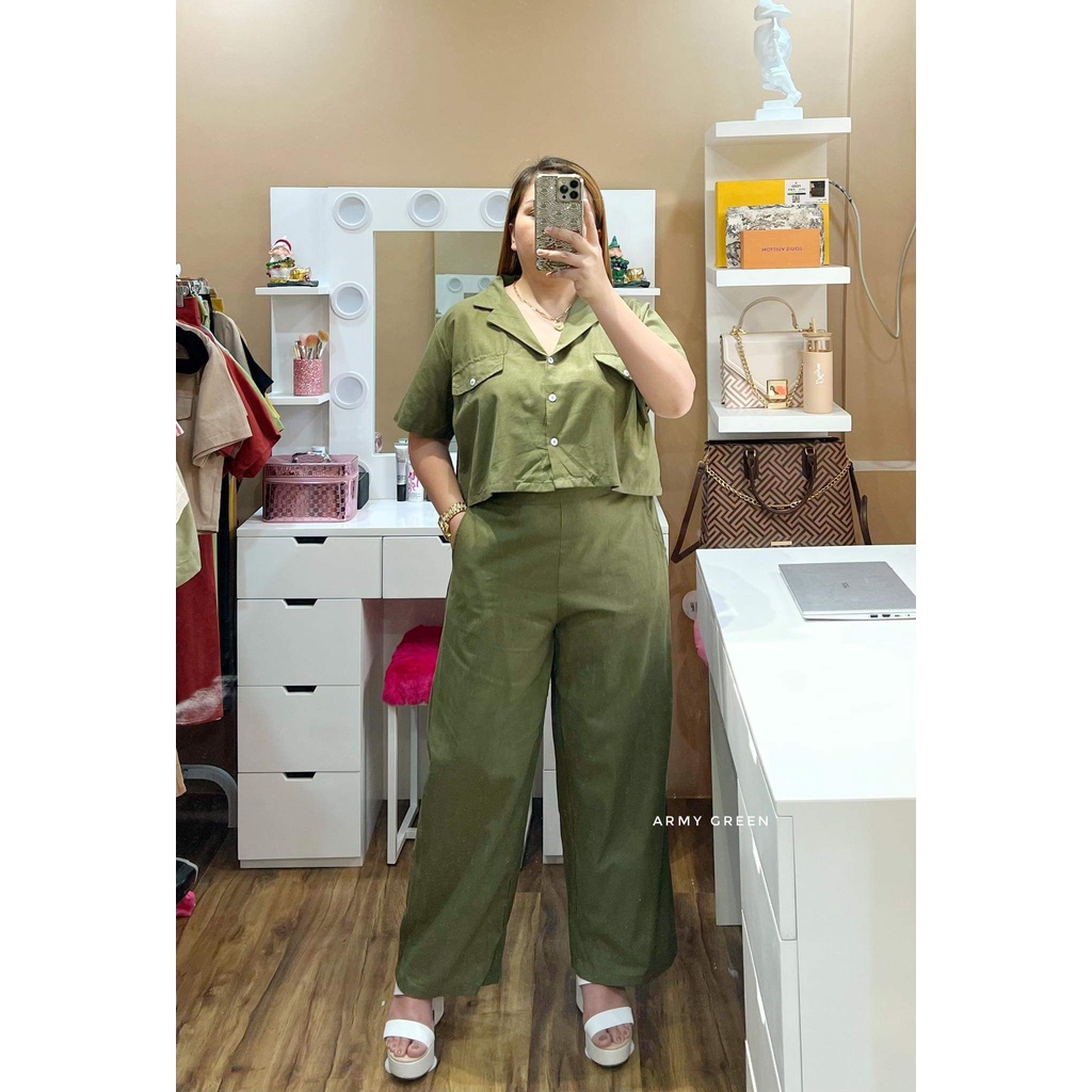 Cotton Linen Polo w/pocket Semi Crop-top Squarepants Terno For Chubby ...