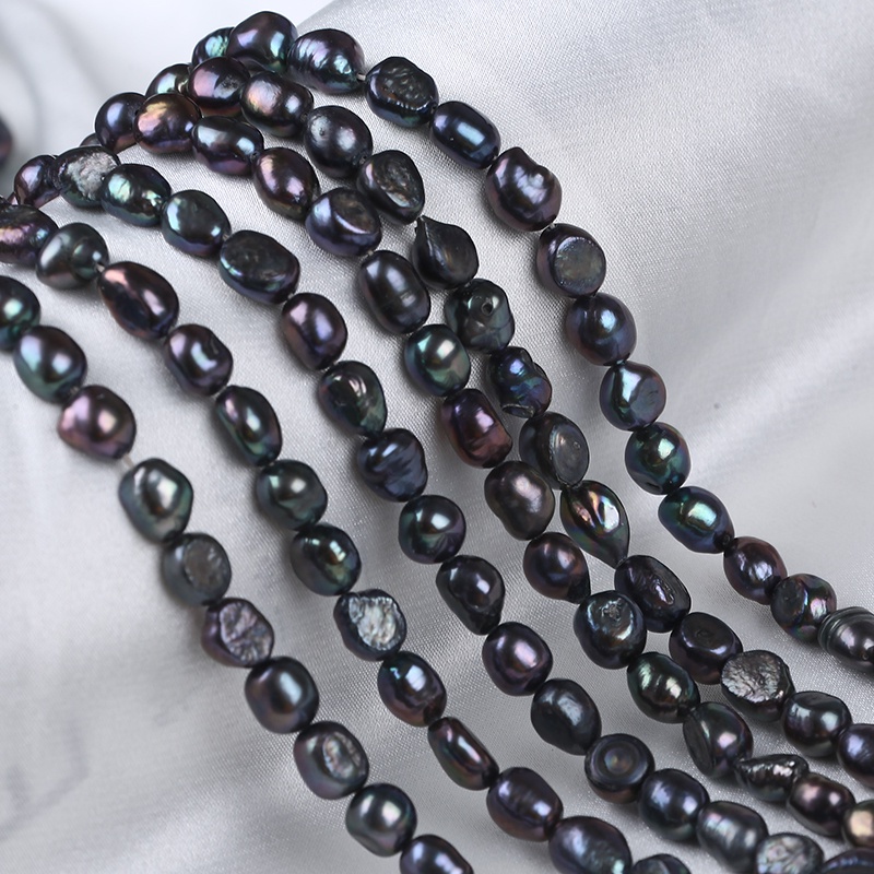 7-8mm black baroque shape pearl straight hole pearl string semi ...