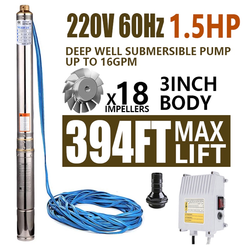 220V 60H Submersible Pump1.5HP 394Ft 1'' Outlet Copper Core 3'' Case ...