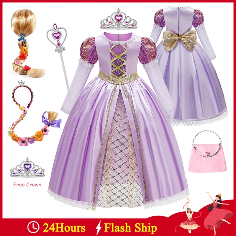 Isabela Sofia Encanto Charm Purple Princess Mesh Dress with Wig Crown Christmas Outfits For Kids ...