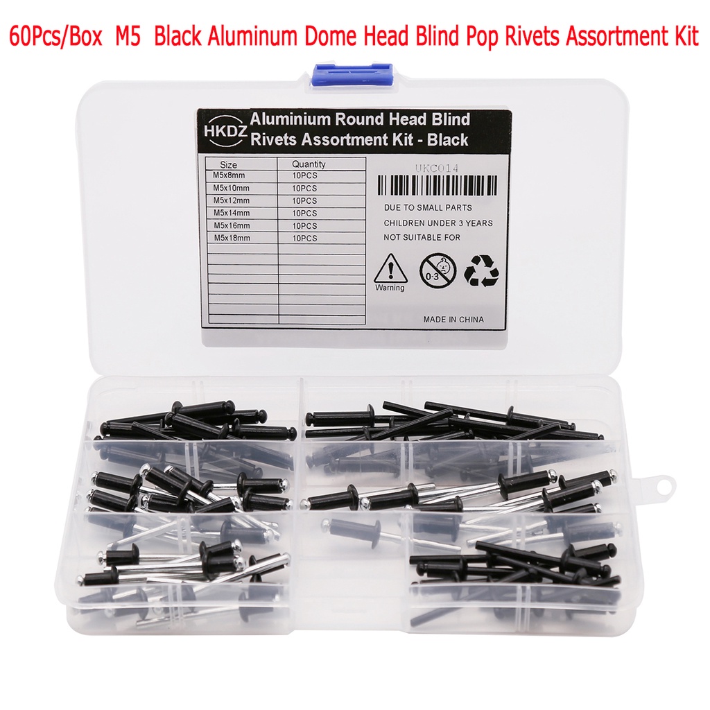 60Pcs/Box M5 Black Aluminum Dome Head Blind Pop Rivets Assortment Kit ...