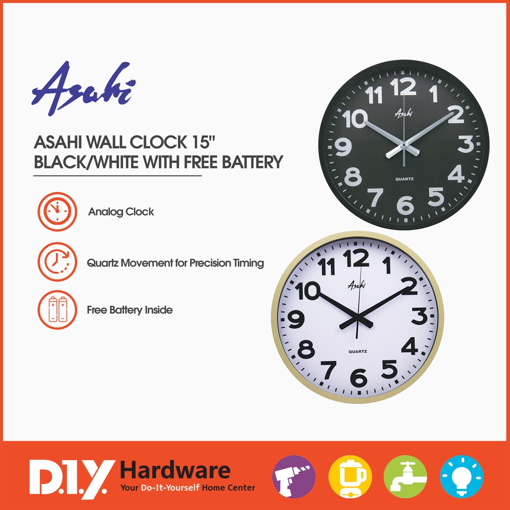 Asahi Wall Clock 15" Black Or White With Free Battery Inside HC1015B ...