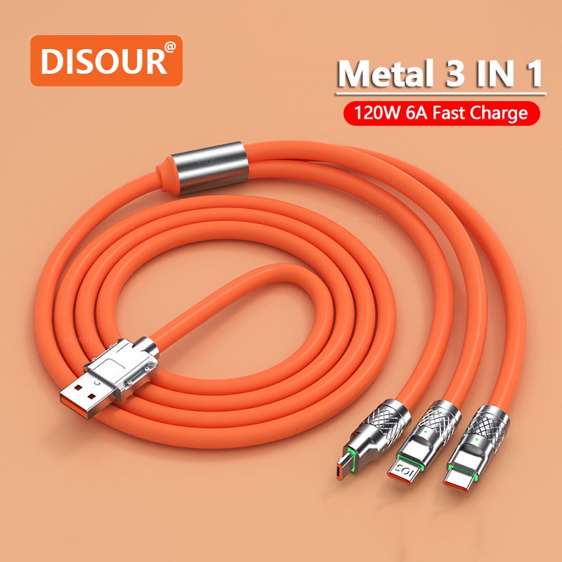 3 IN 1 Zinc Alloy Charging Cable 120W 6A Super Fast Charger USB ...