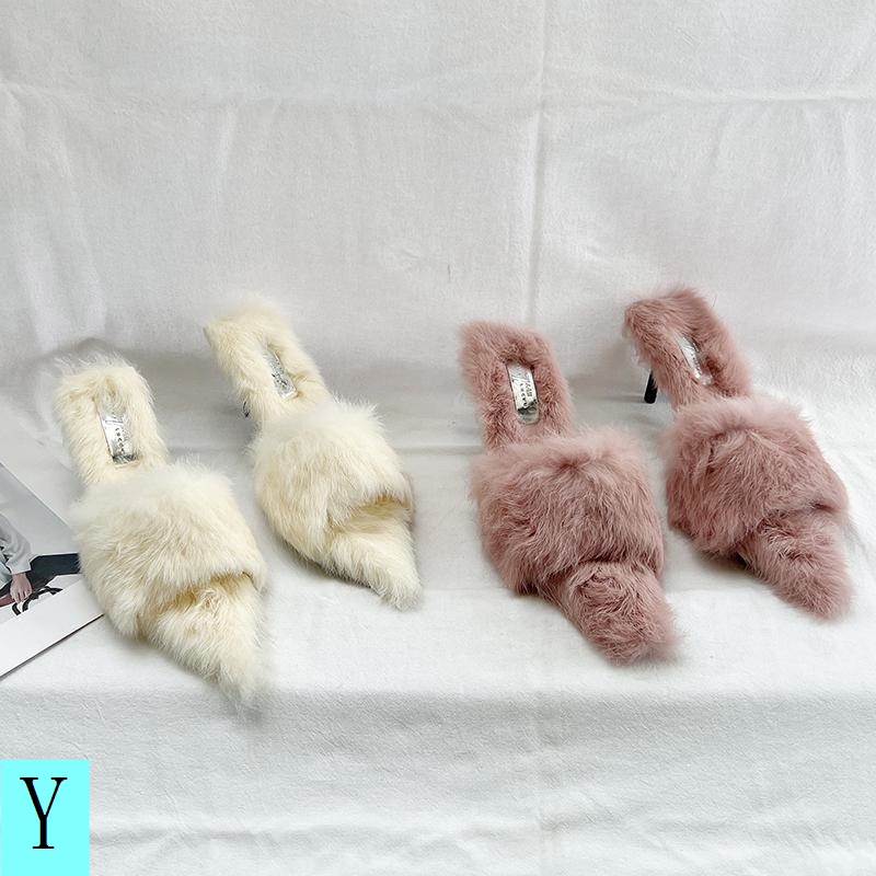 European American Pointed Stiletto Heel Rabbit Fur Outer Wear Open-Toed ...