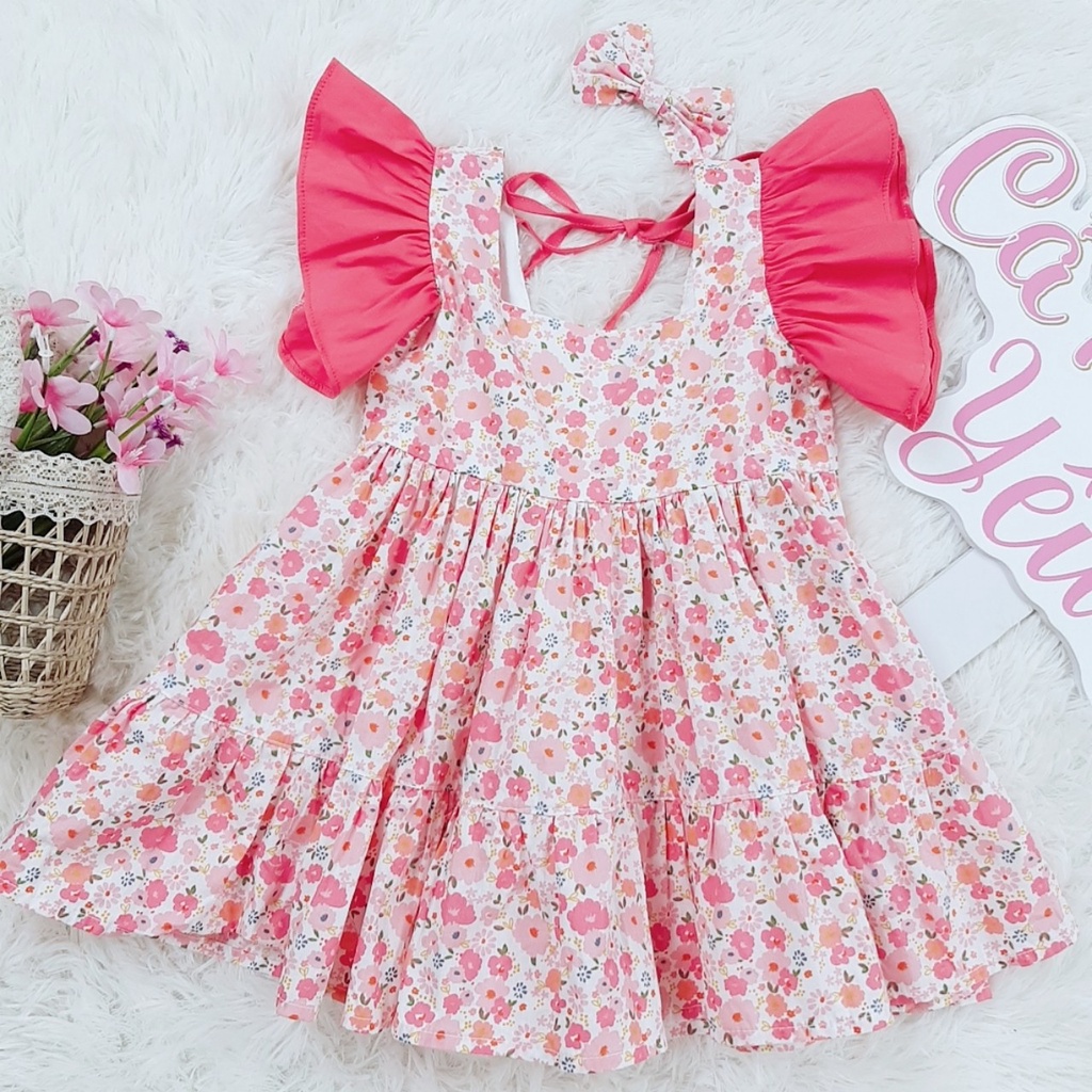 Lovely CNY dress for girls, little flower design dress with ruffle ...
