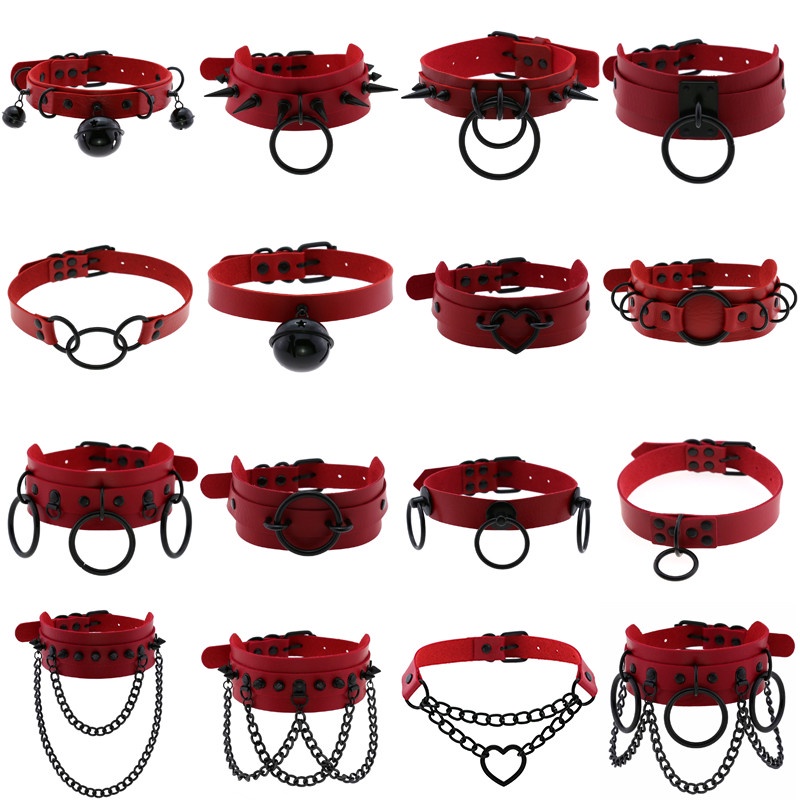 Goth Red PU Leather Necklaces Women Choker Collar Punk Spiked Neck ...