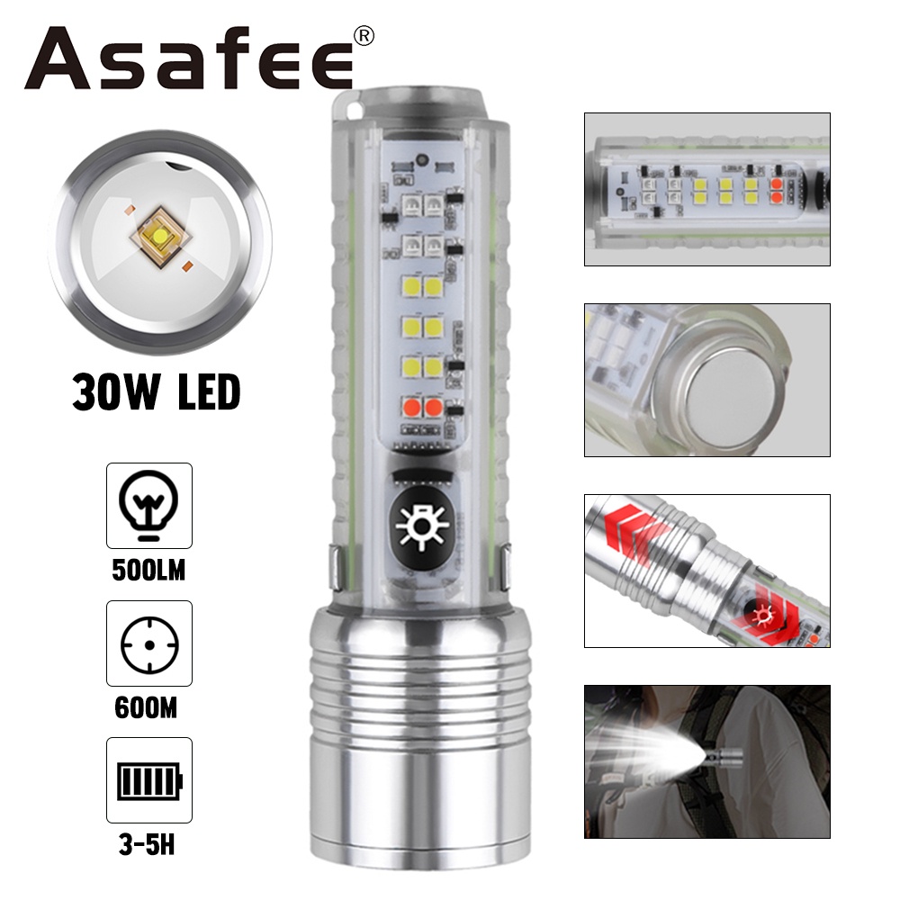 Asafee S21 30W 600M Long Range White Flashlight Side light Rechargeable ...