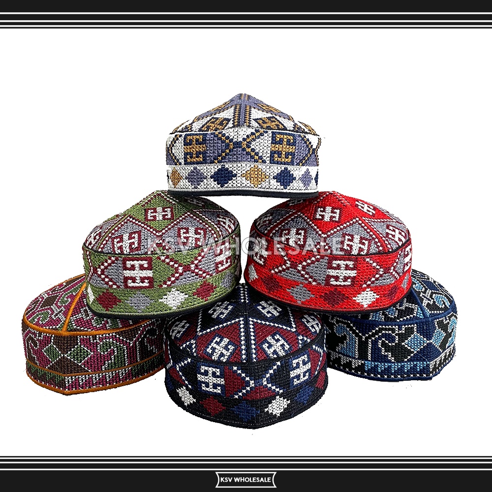 HITAM PUTIH HIJAU Pakistani Cap With Ovais Motif Stamp Embroidery Cap ...