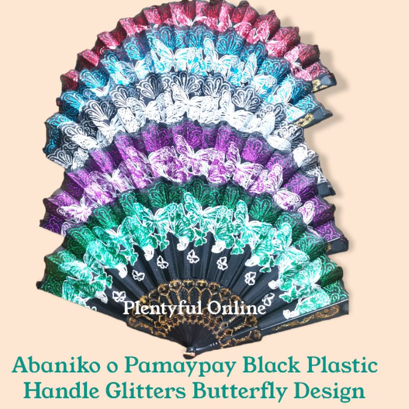Abaniko o Pamaypay Black Plastic Handle Glitters Butterfly Design ...