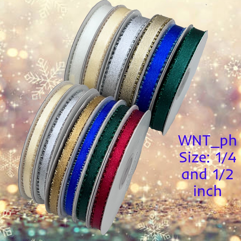 1/2 & 1/4 inch Sparkling Holiday Metallic Ribbon with Yarn Border Lurex ...