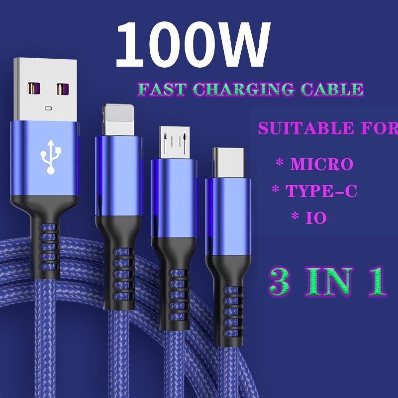 100W 3 in 1 Fast Charge Cable for Android Micro Type-c 5A Super Fast ...