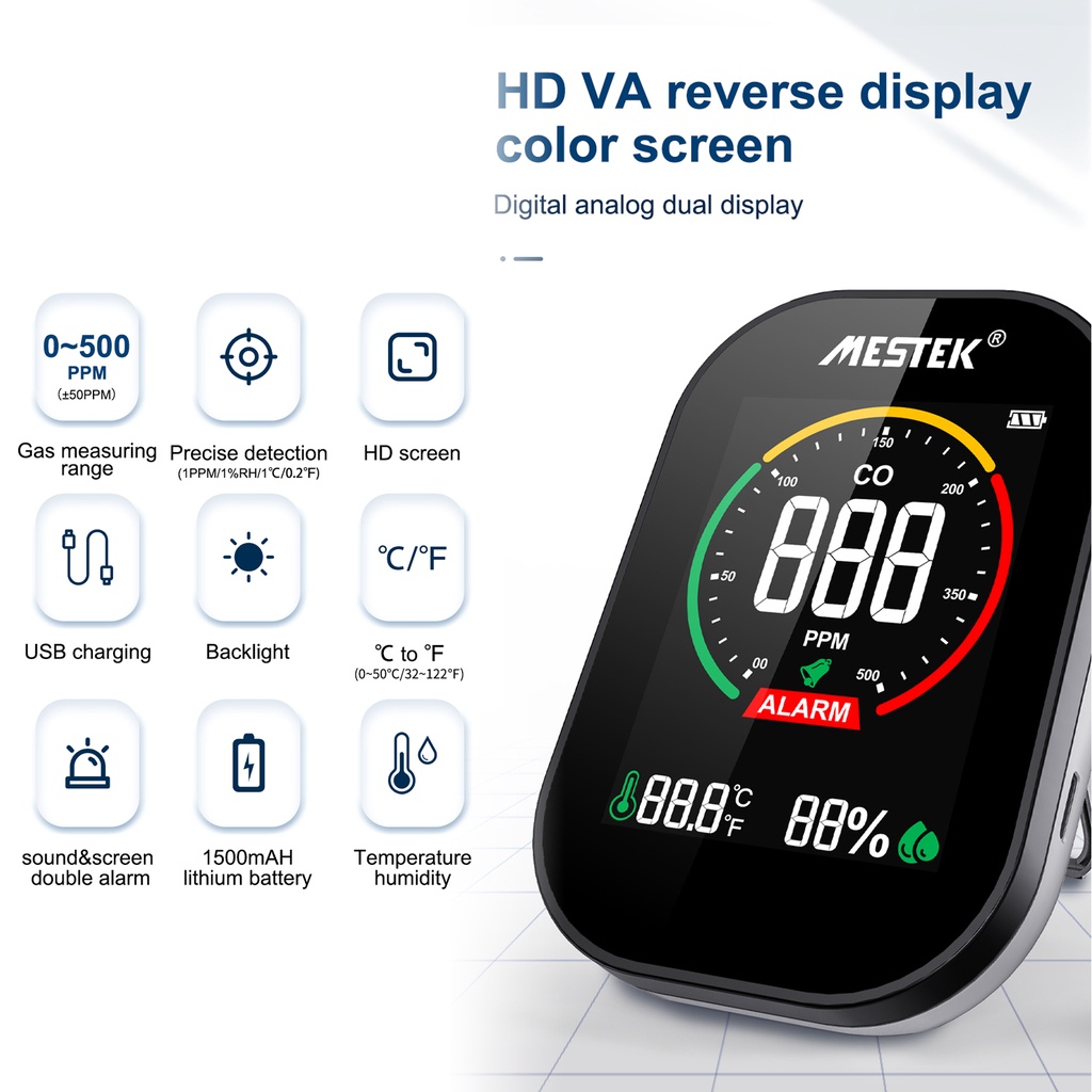 Mestek CO Tester LCD Display Screen with Backlight CO Temperature ...
